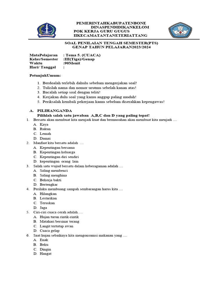 Soal PTS Kelas 3 Tema 5 Sem 2 2023 | PDF Soal PTS Kelas 3 Tema 5 Sem 2 2023 | PDF