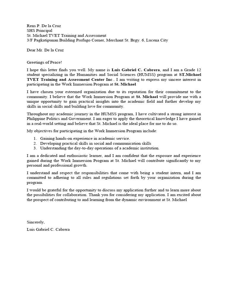 HUMSS_APPLICATION-LETTER (Final) | PDF