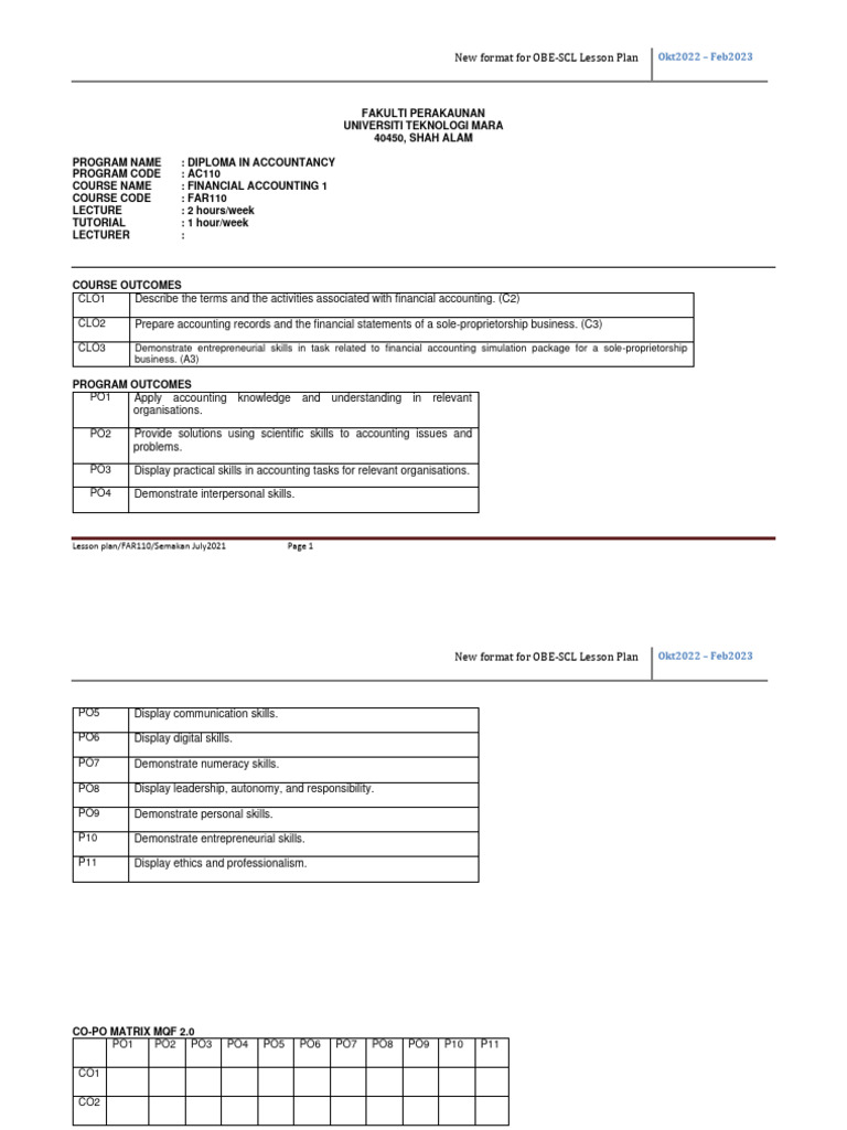 FAR110 - OBE Lesson Plan - Oct2022 | PDF | Debits And Credits ...