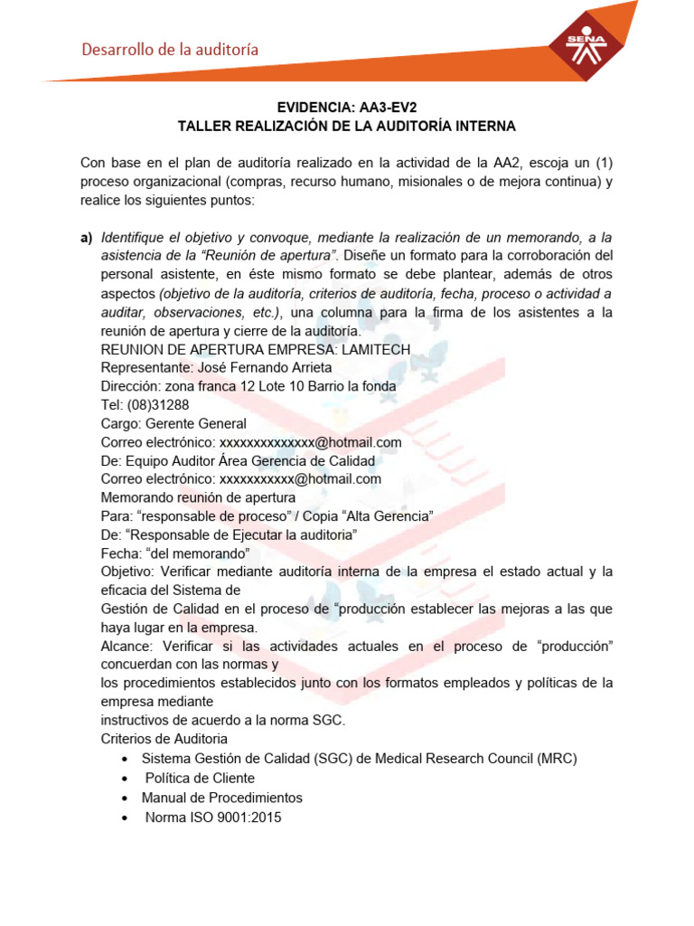 Formato Evidencia AA3 Ev2 Taller | PDF | Auditoría | Sistema de manejo de calidad