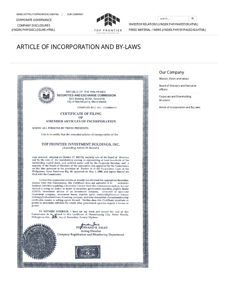 Article of Incorporation and By-Laws | PDF | Preferred Stock | Board Of Directors