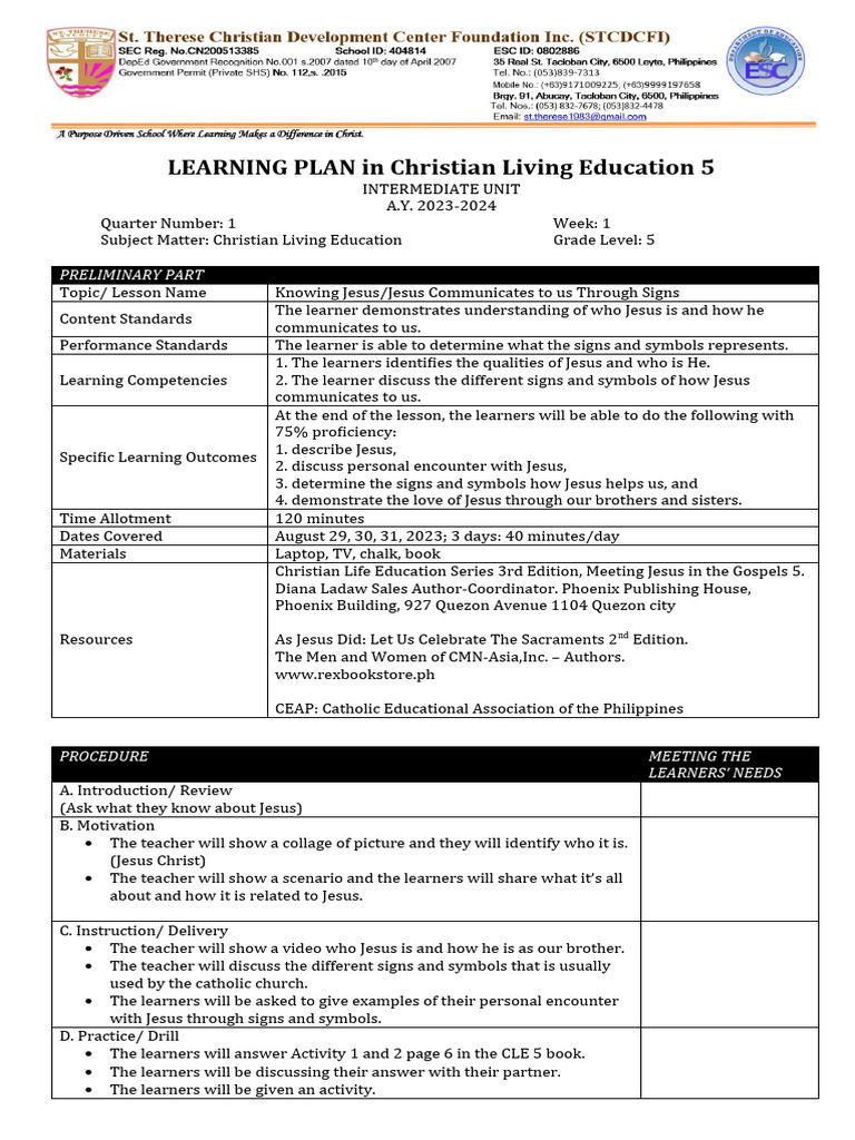 CLE 5 Learning Plan No.1 | PDF | Learning | Jesus