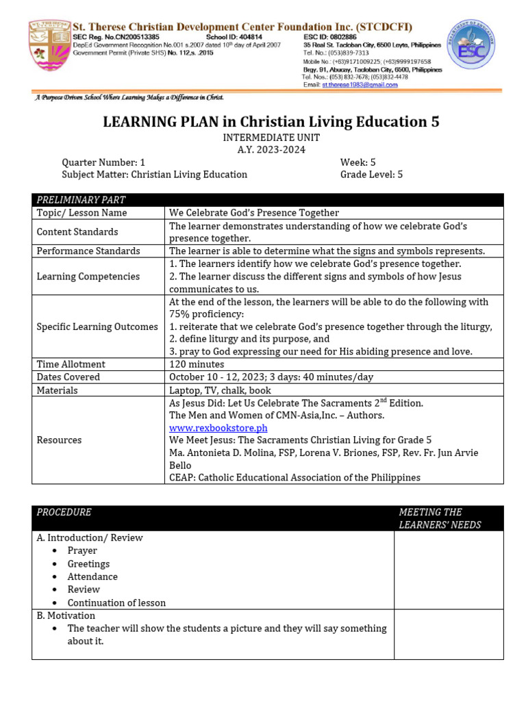 CLE 5 Learning Plan No.4 | PDF | Learning | Mass (Liturgy)