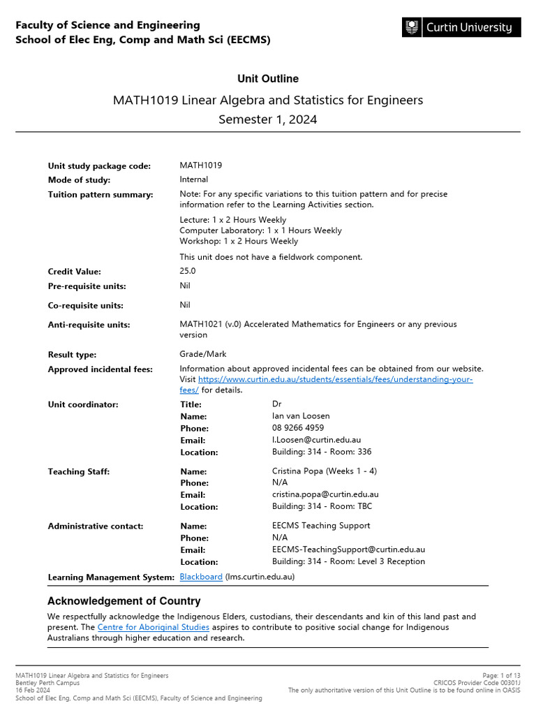 MATH1019 Linear Algebra and Statistics For Engineers Semester 1 2024 Bentley Perth Campus INT ...