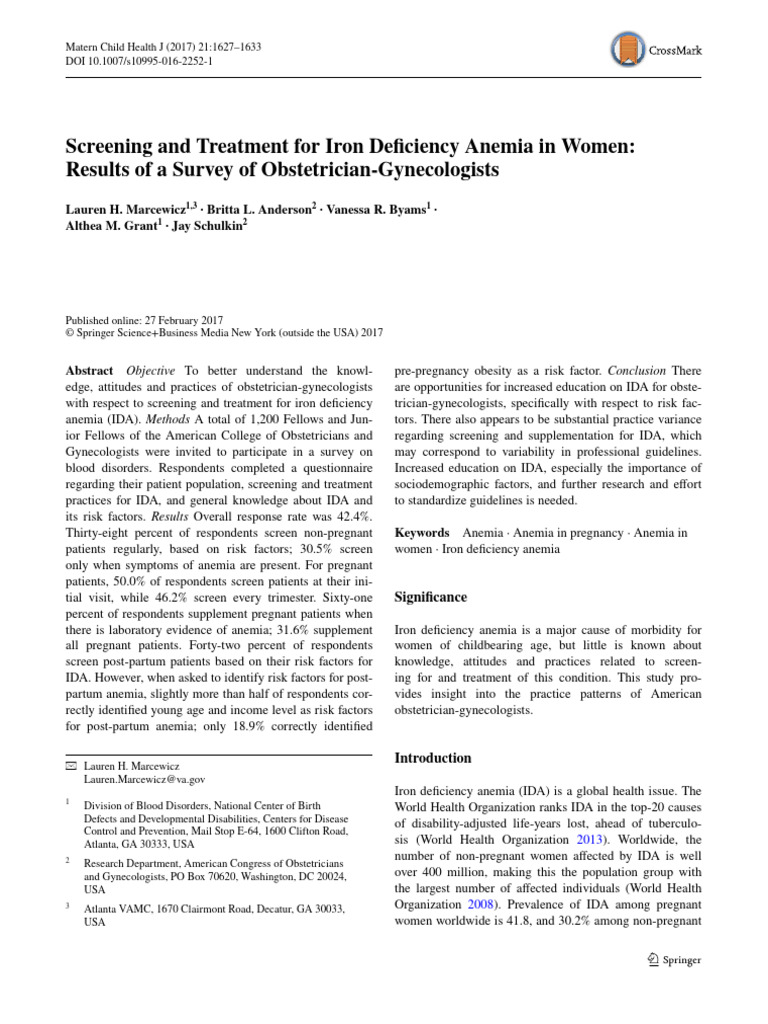 Screening and Treatment For Iron Deficiency Anemia in Women: Results of A Survey of Obstetrician ...
