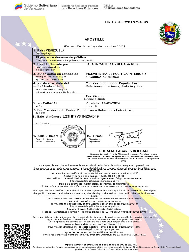 Johandri de La Trinidad Reyes Rivas Apostilla | PDF