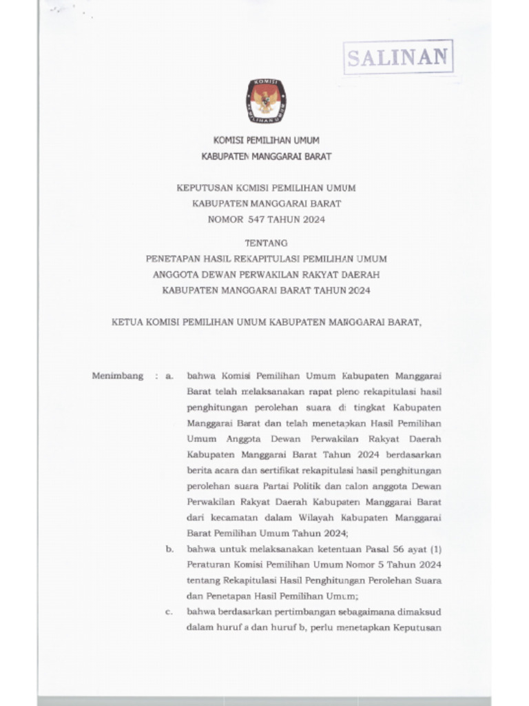 SK Nomor 547 Tentang Penetapan Hasil Rekapitulasi KPU Kabupaten Mabar | PDF