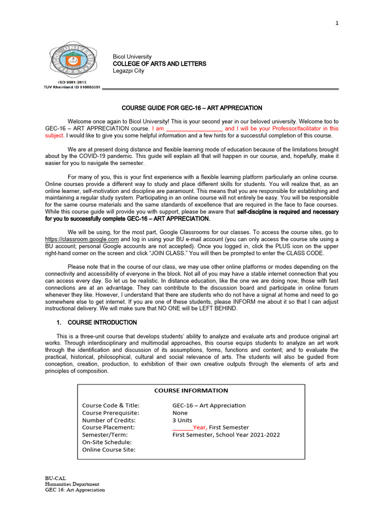 Course Guide For Art Appreciation 1st Sem 2021 2022 | PDF | Educational ...