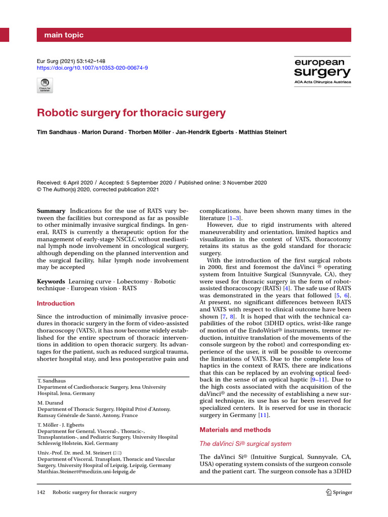 Robotic Surgery For Thoracic Surgery | PDF | Surgery | Cardiothoracic Surgery
