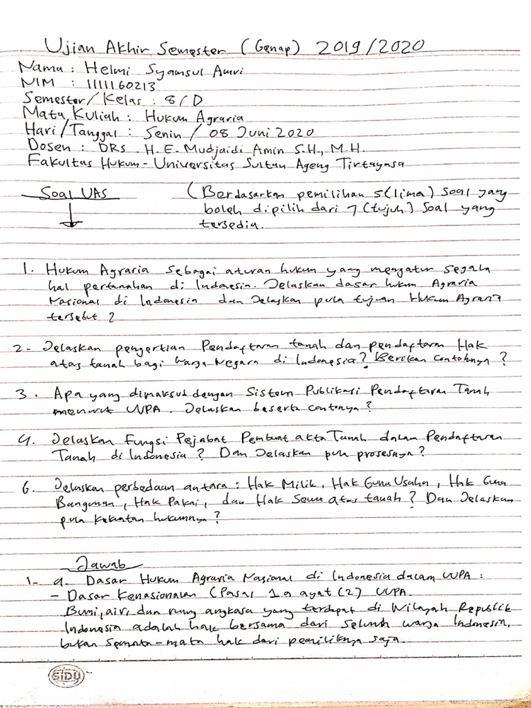 Helmi Syamsul Amri - 1111160213 - 6D - Jawaban Uas Agraria | PDF