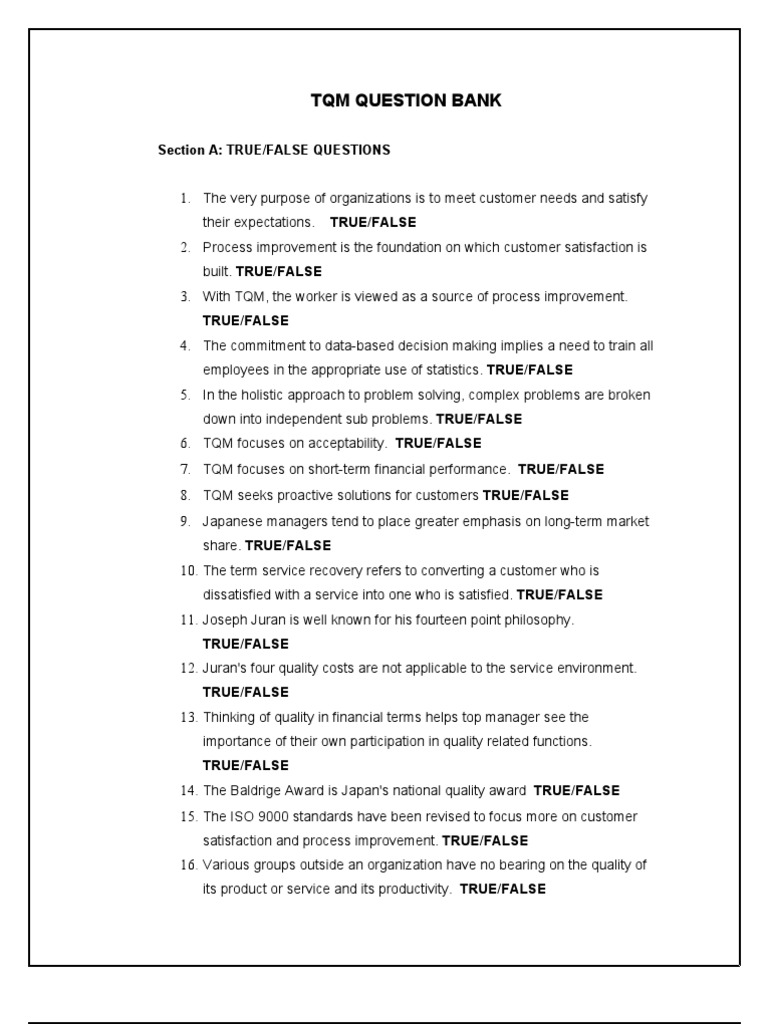 TQM Multiple Choice Questions | PDF | Quality Management | Performance ...
