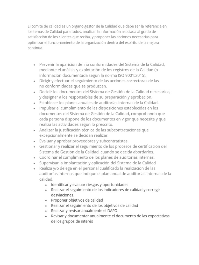 Funciones del Comité de Calidad Empresarial | PDF | Calidad (comercial ...