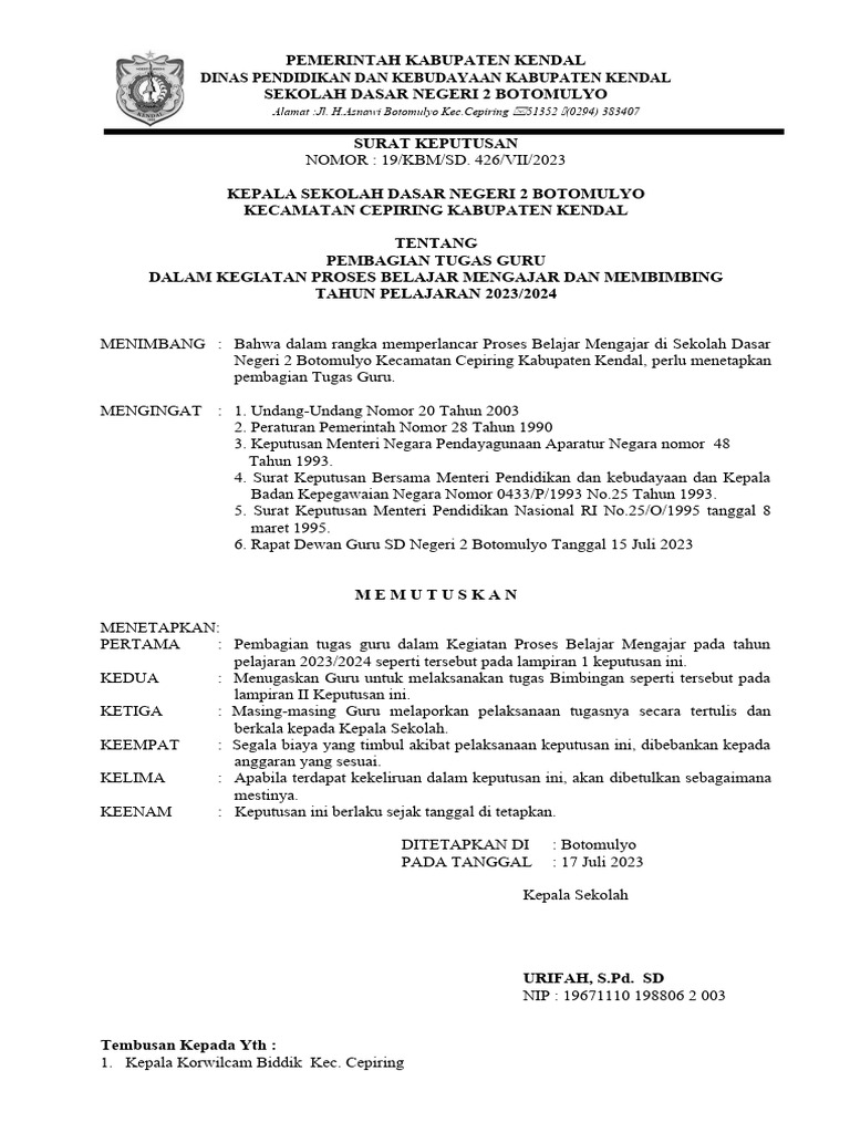 SK Pembagian Kelas 2023-2024 SMT 2 - SPJ Bos - Mas Husen | PDF
