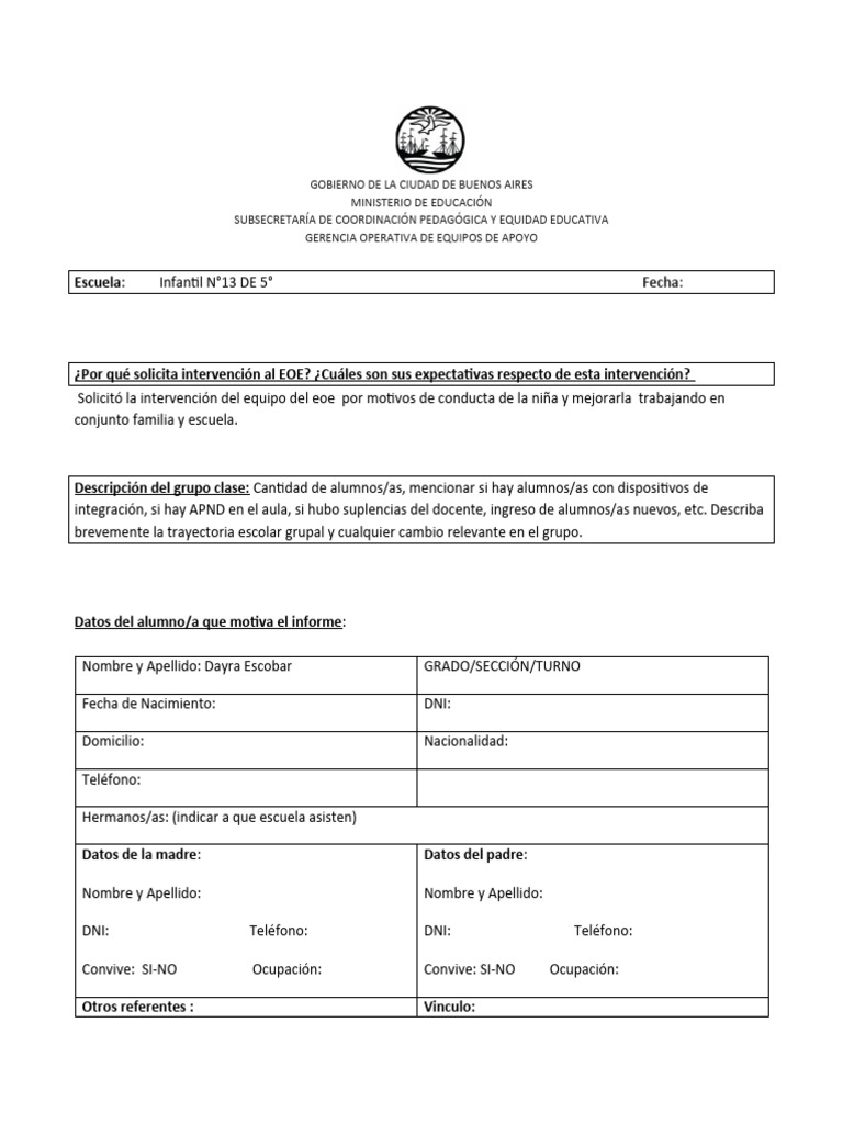 Modelo de Informe escolar EOE | PDF | Educación de la primera infancia | Aprendizaje