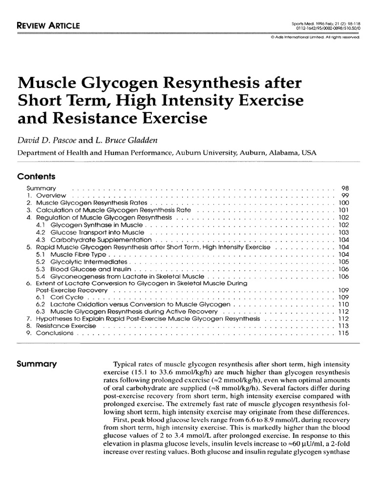 Muscle Glycogen Resynthesis After Short Term, High Intensity Exercise ...