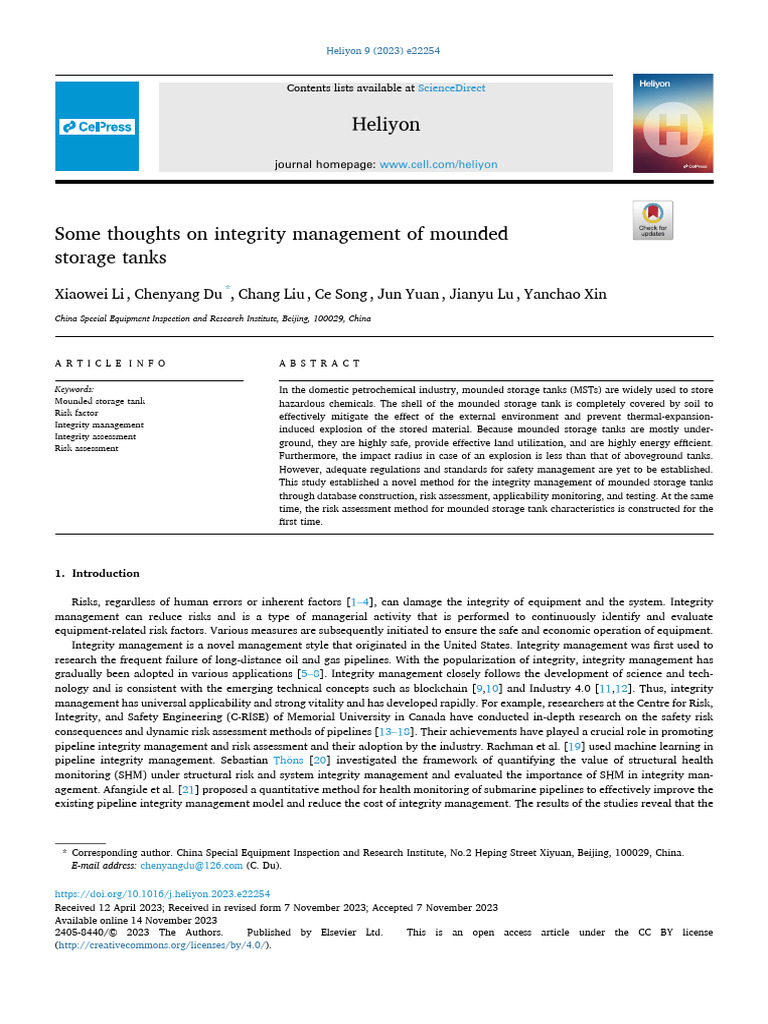 Mounded Storage Tank Integrity Management | PDF | Risk Assessment | Risk