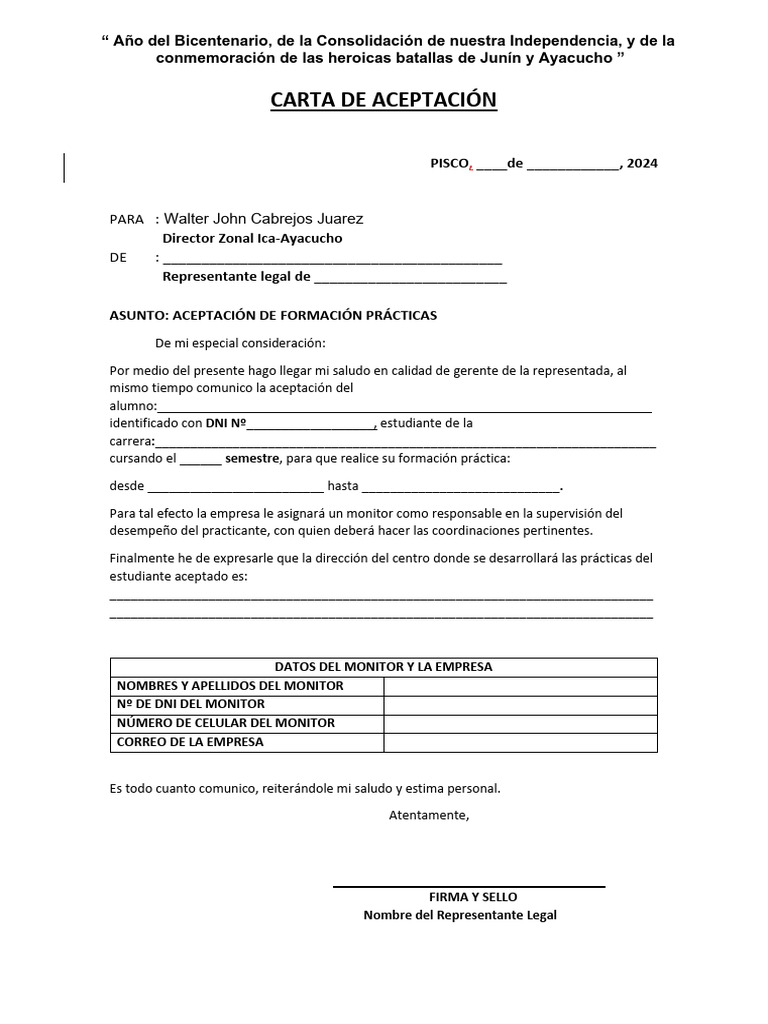 Carta de Aceptación Modelo 2024 Actual | PDF