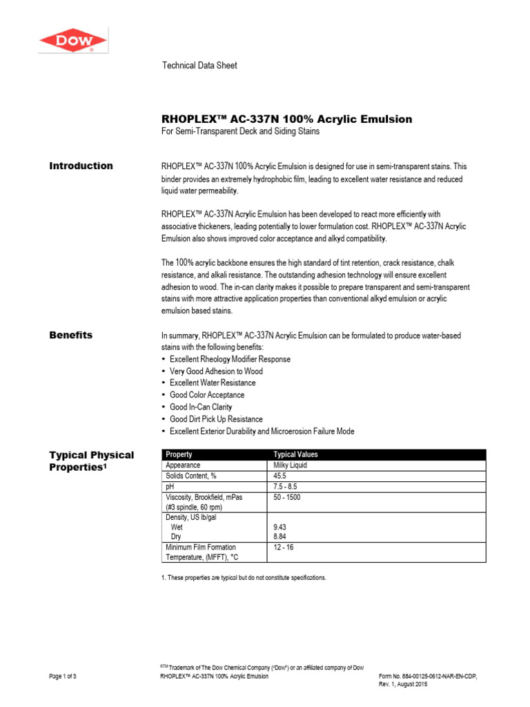 884 00125 01 Rhoplex Ac337n 100 Acrylic Emulsion Tds | PDF | Materials