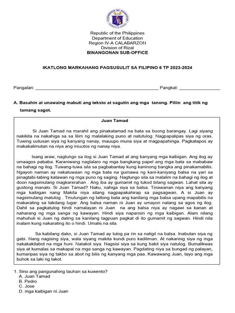 Ikatlong Markahang Pagsusulit Sa Filipino 6 | PDF