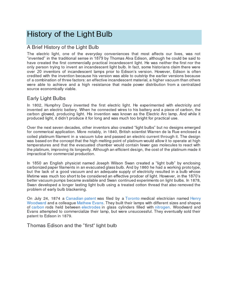 Evolution of the Light Bulb History | PDF | Incandescent Light Bulb ...