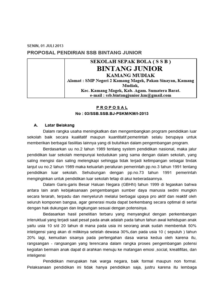 Proposal Pendirian SSB Bintang Junior | PDF
