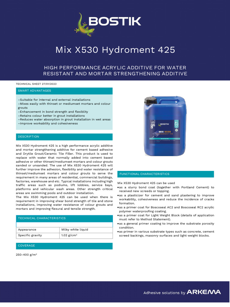 Hydroment 425: Acrylic Mortar Additive | PDF | Mortar (Masonry) | Cement