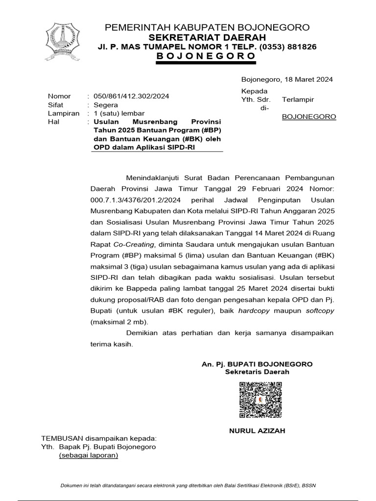 Surat Usulan Musrenbang Provinsi Tahun 2025 Bantuan Program Dan Bantuan Keuangan Dalam SIPD-RI | PDF
