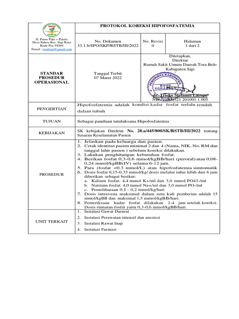 Protokol Koreksi Hipofosfatemia | PDF