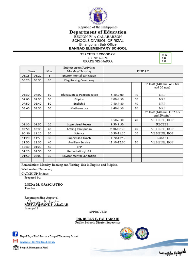 Grade 6 Schedule With Catch Up Friday | PDF | Philippines