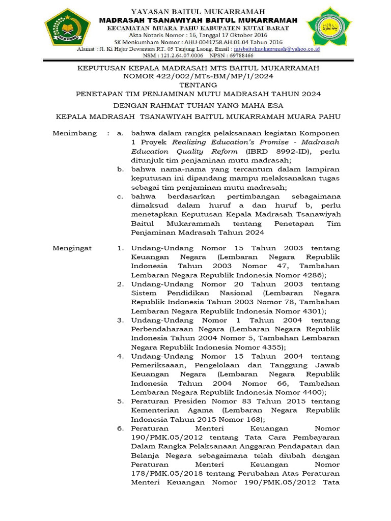 Contoh SK Tim Penjaminan Mutu | PDF | Bisnis