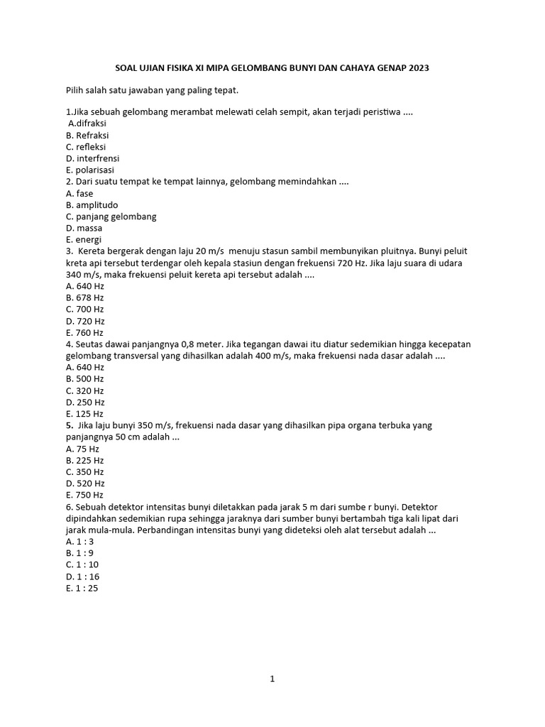 Soal Ujian Fisika Xi Mipa Gelombang Bunyi Dan Cahaya Genap 2023 | PDF