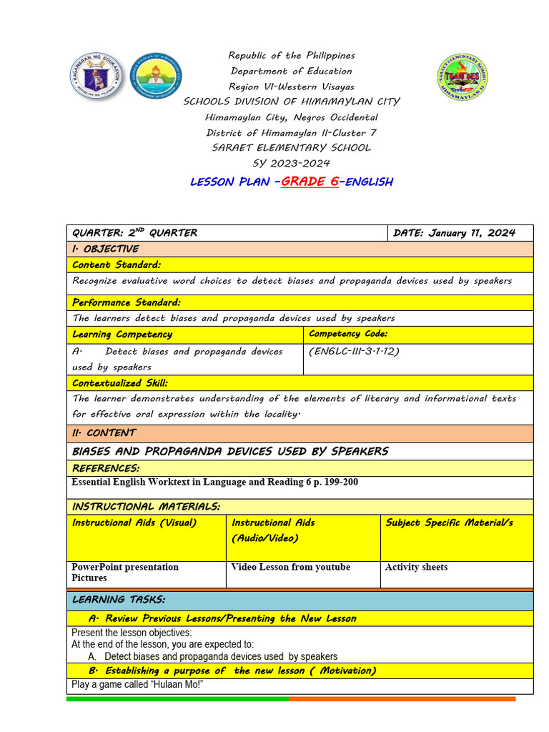 Grade 6 English Lesson Plan: Bias & Propaganda | PDF | Propaganda ...