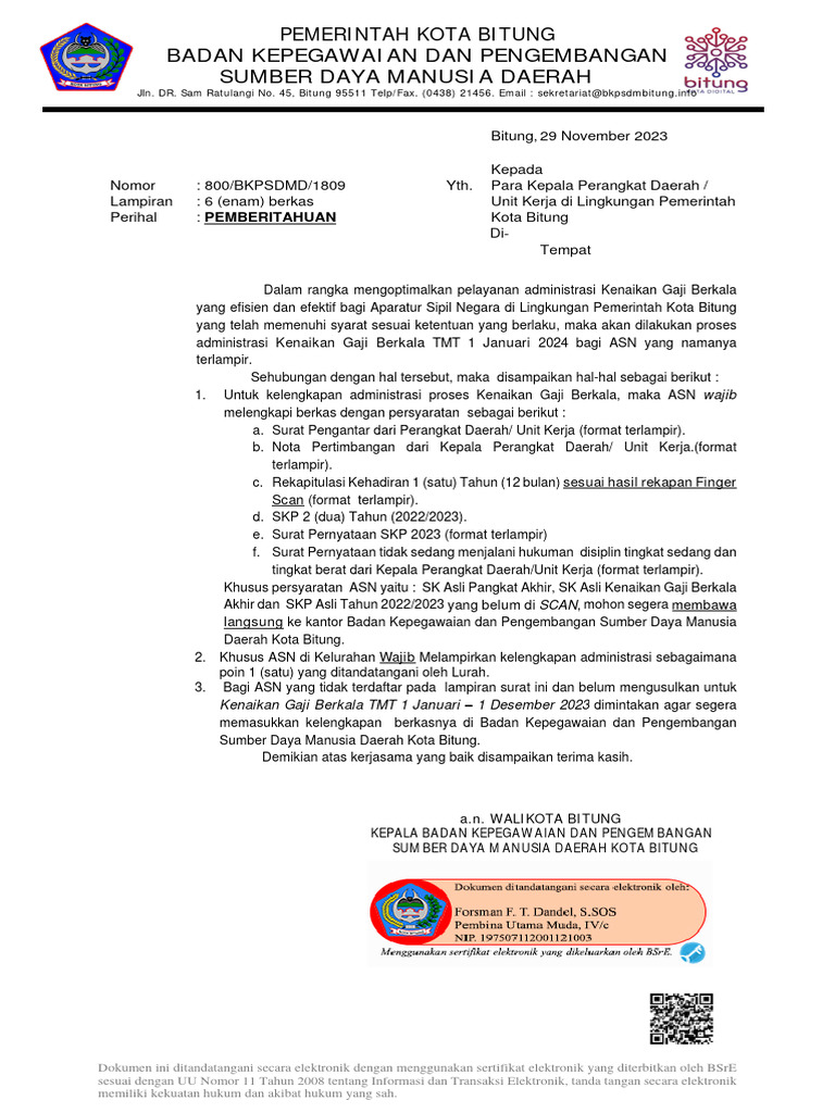 Surat Pemberitahuan KGB TMT 1 Januari Tahun 2023 | PDF