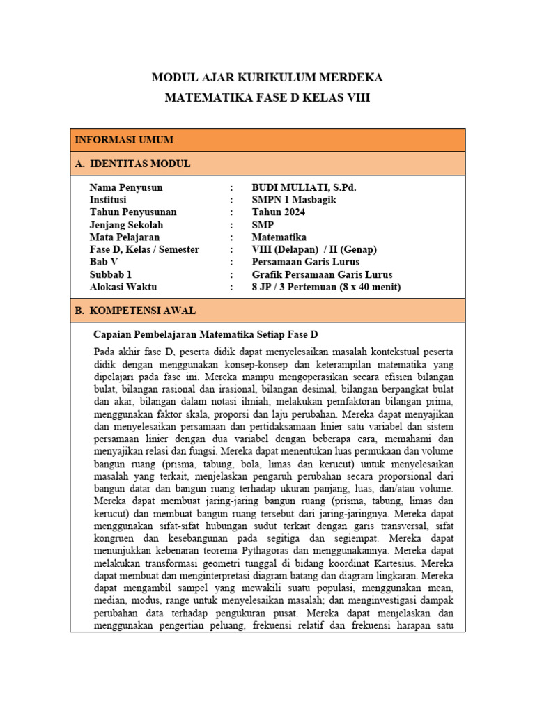 Modul Ajar Persamaan Garis Lurus Kelas 8 | PDF | Metode & Bahan Ajar