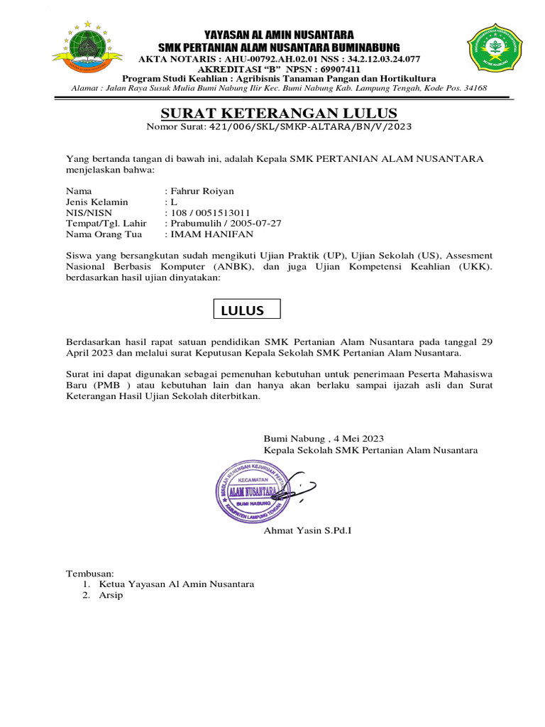 Contoh Surat Kelulusan ROYAN | PDF