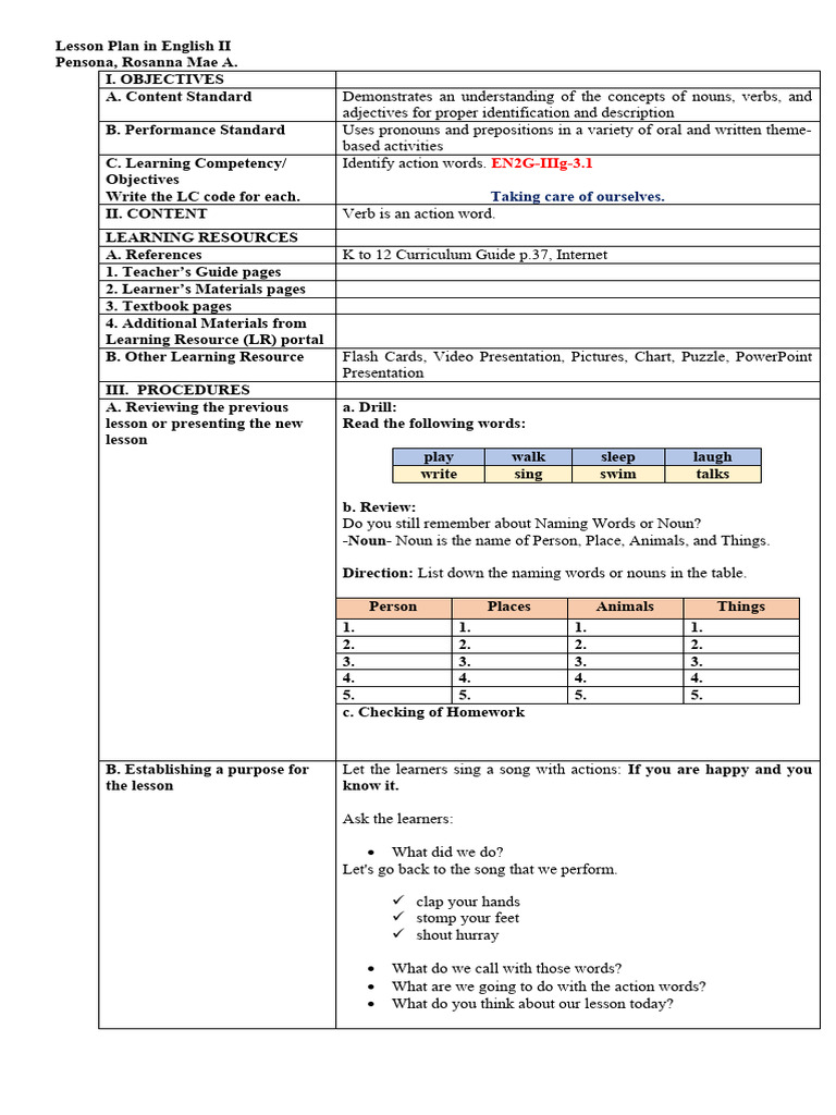 Lesson Plan Verbs | PDF | Noun | Word