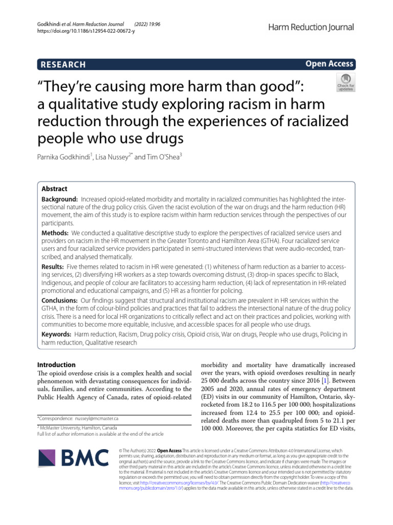 A Qualitative Study Exploring Racism in Harm Reduction Through The Experiences of Racialized ...