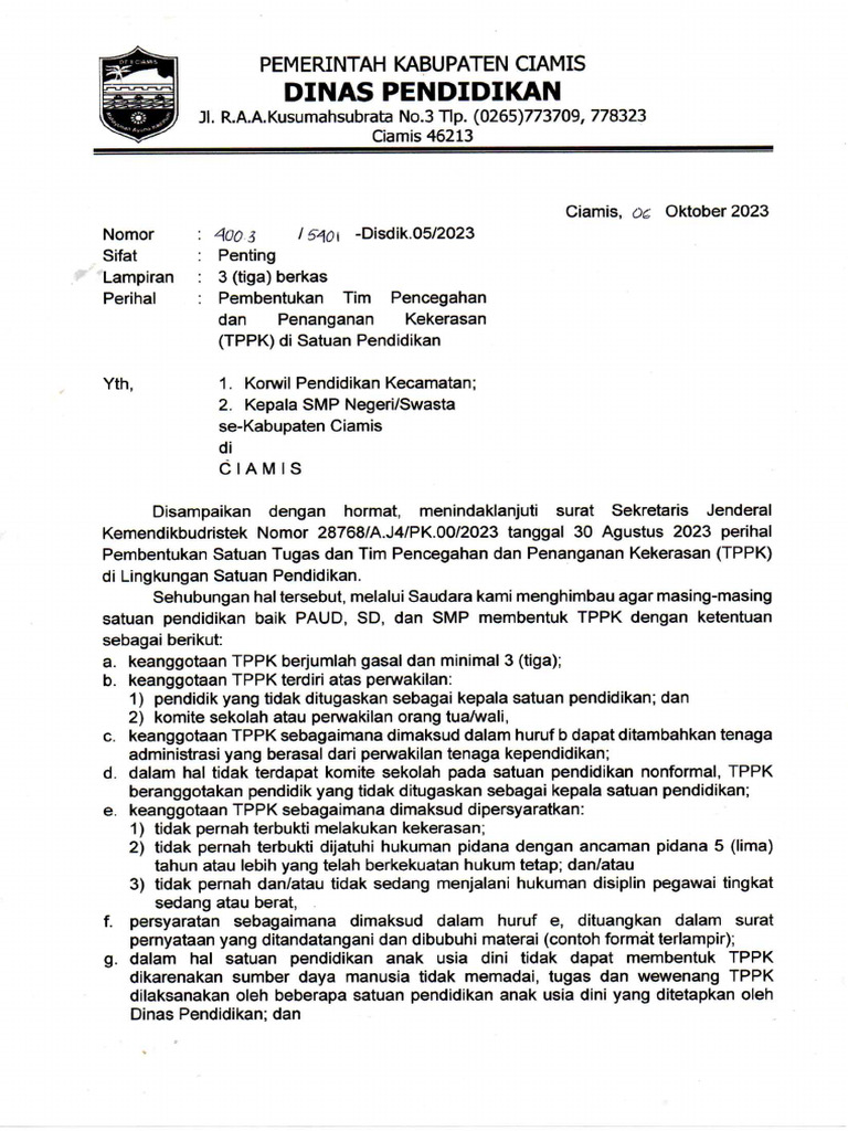 Surat Pembentukan TPPK Satuan Pendidikan | PDF | Karier & Perkembangan