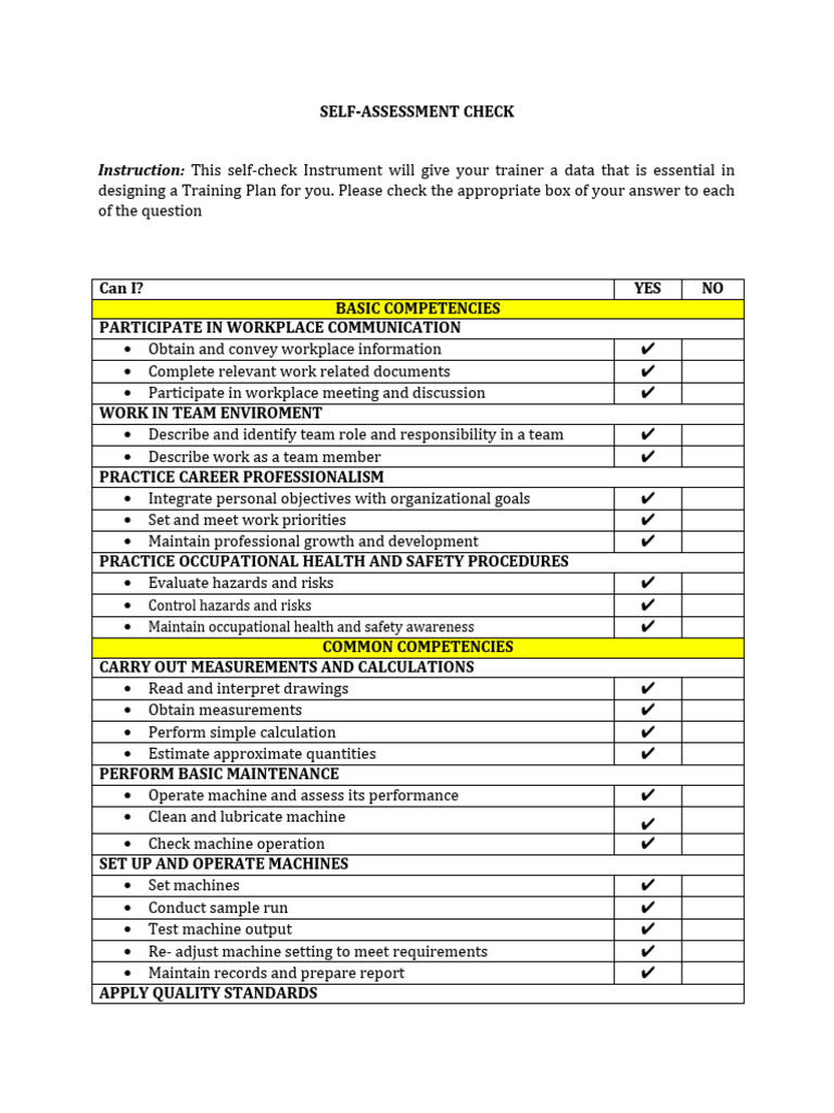 Occupational Self-Assessment Checklist | PDF | Occupational Safety And ...