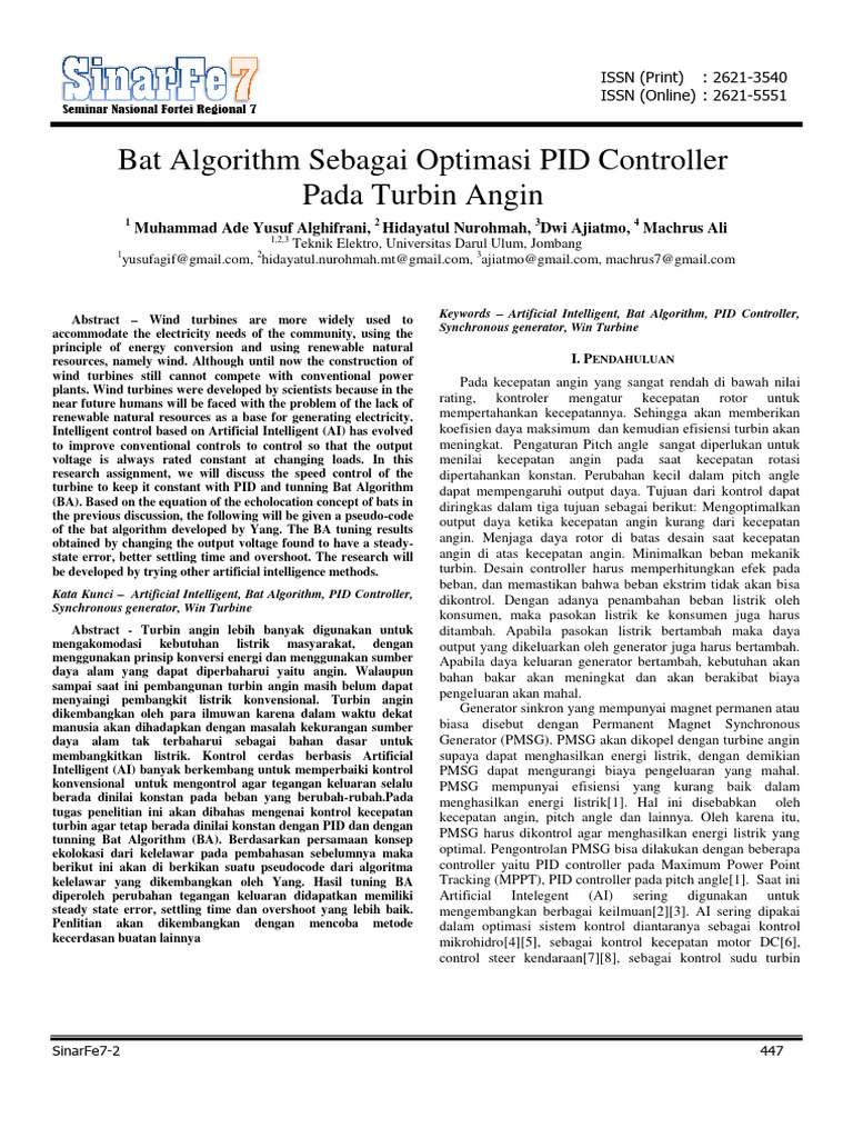 Bat Algorithm Sebagai Optimasi Pid Controller Pada Turbin Angin Pdf Electric Generator