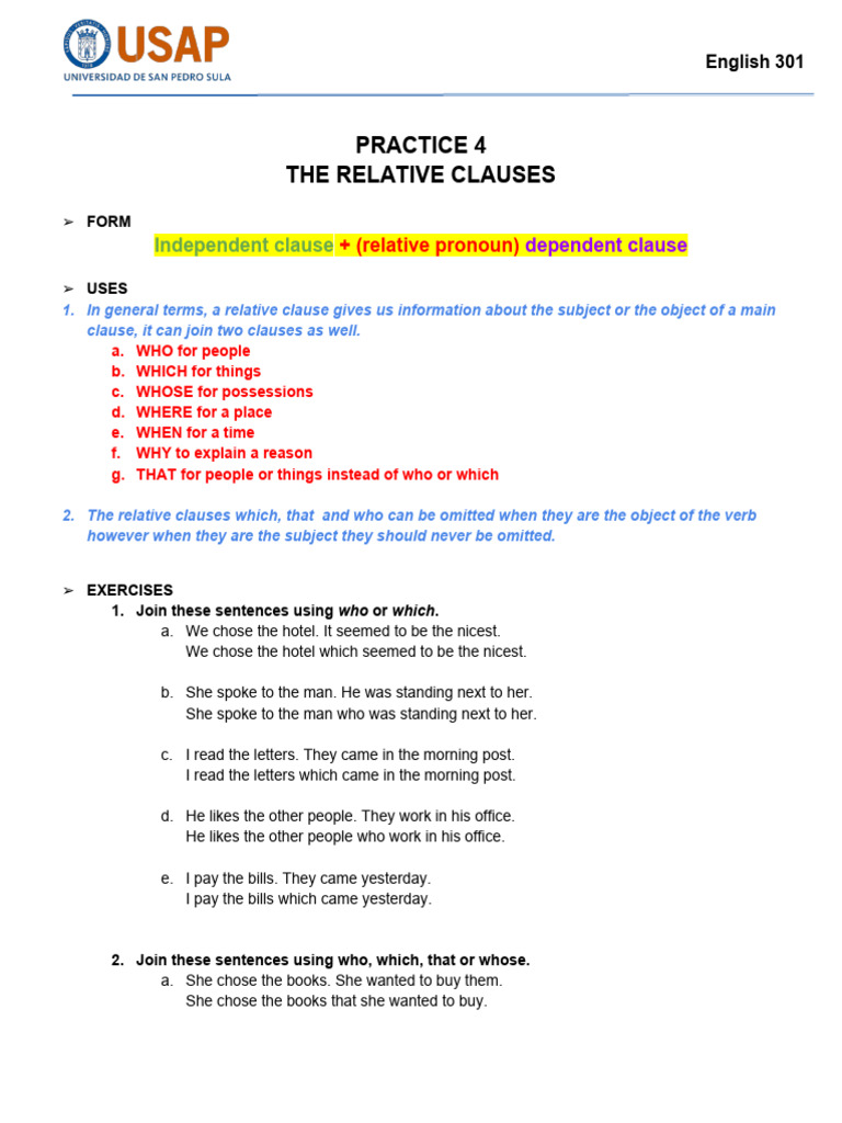 _4 Practice - The relative clauses | PDF | Clause | Subject (Grammar)