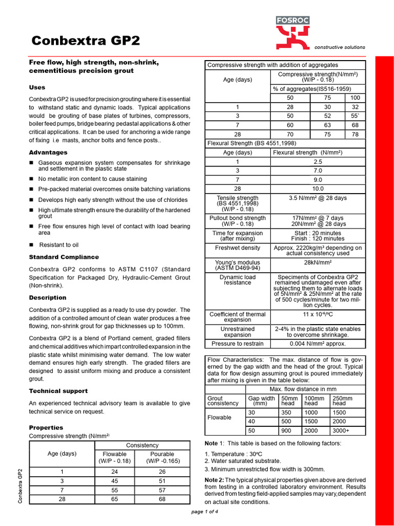 Conbextra GP2: High Strength Non-Shrink Grout | PDF | Concrete | Chemistry