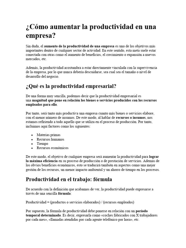 Cómo Aumentar La Productividad En Una Empresa Descargar Gratis Pdf