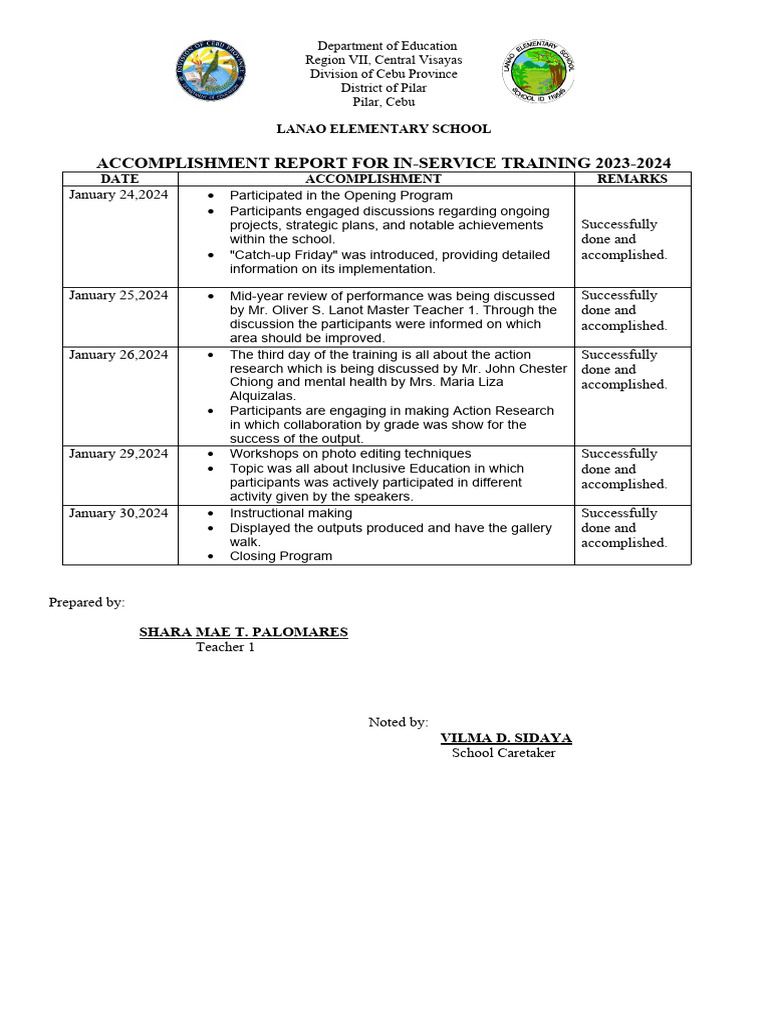 INSET Accomplishment Report | PDF | Career & Growth