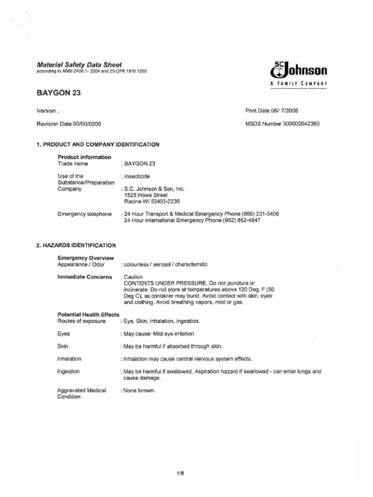 Baygon Spray MSDS | PDF