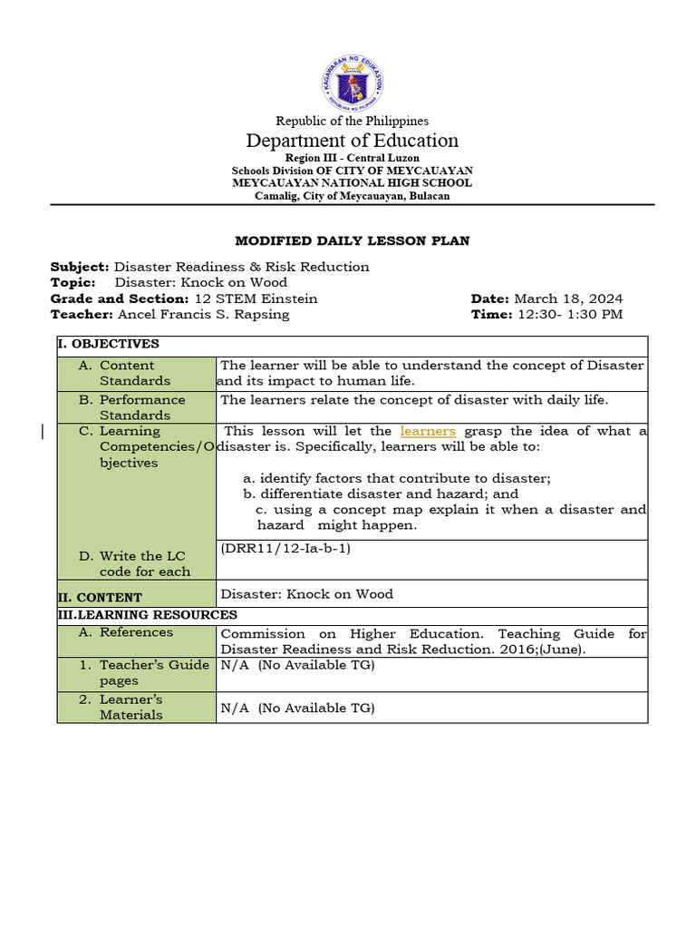 3rd New Cot1 DRRR DLP | PDF | Learning | Teachers