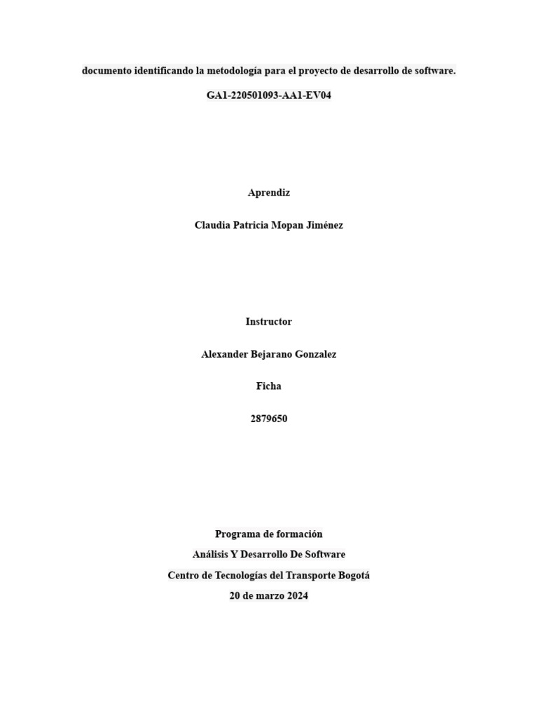 documento identificando la metodología para el proyecto de desarrollo de software | PDF ...