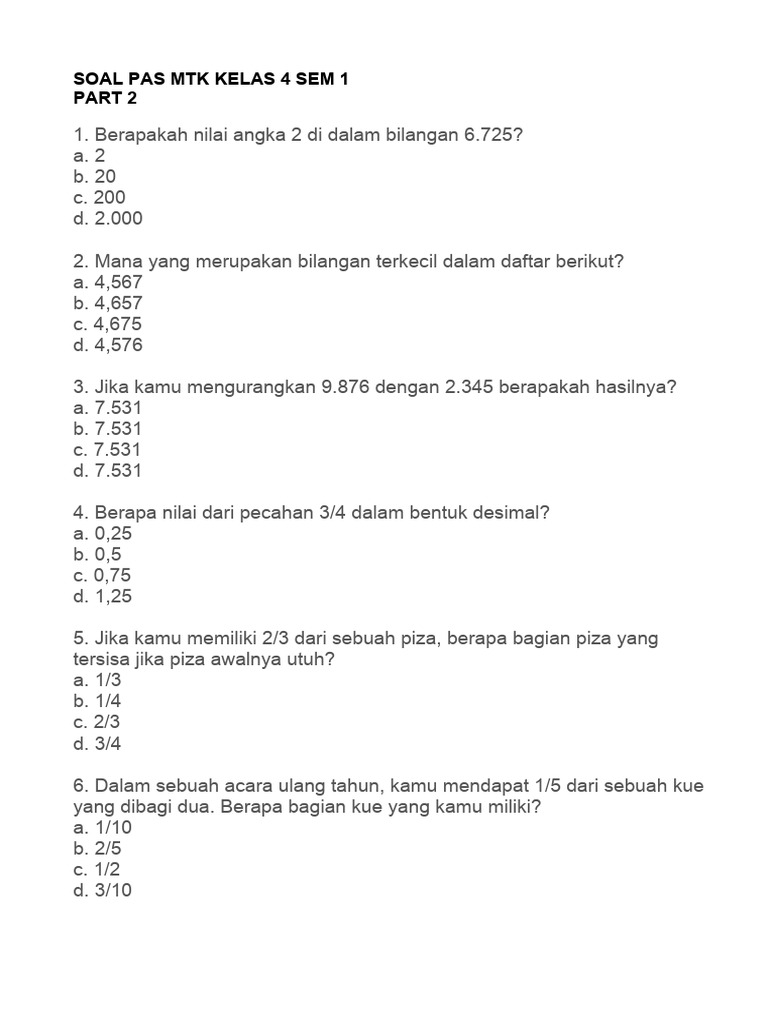 Soal Pas MTK Kelas 4 Sem 1 Part 2 | PDF