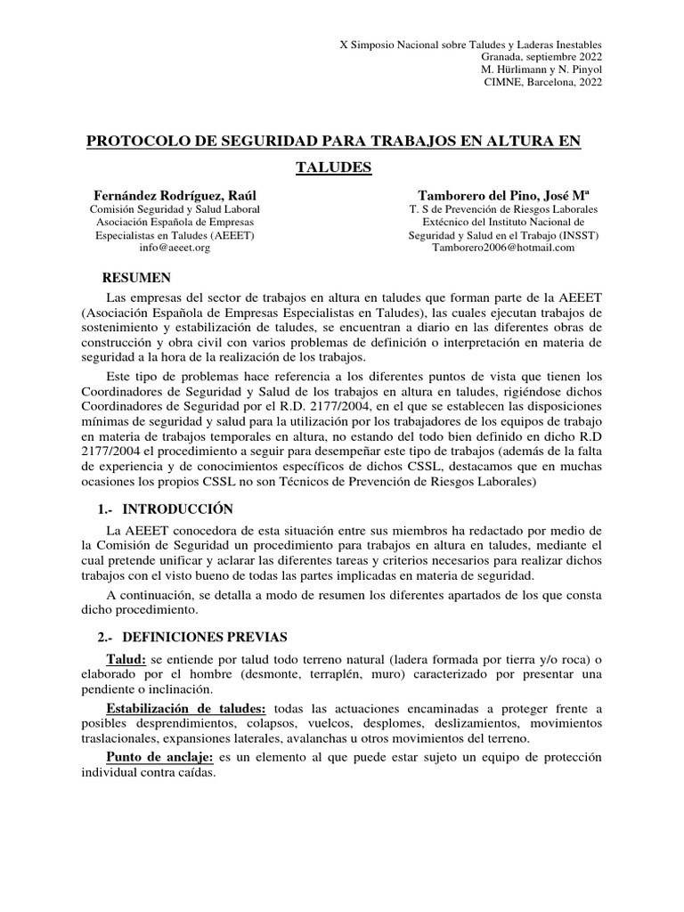 Protocolo Seguridad Trabajos Altura Taludes | PDF | Acero