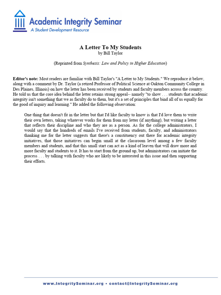 A Letter To My Students | PDF | Academic Integrity | Plagiarism